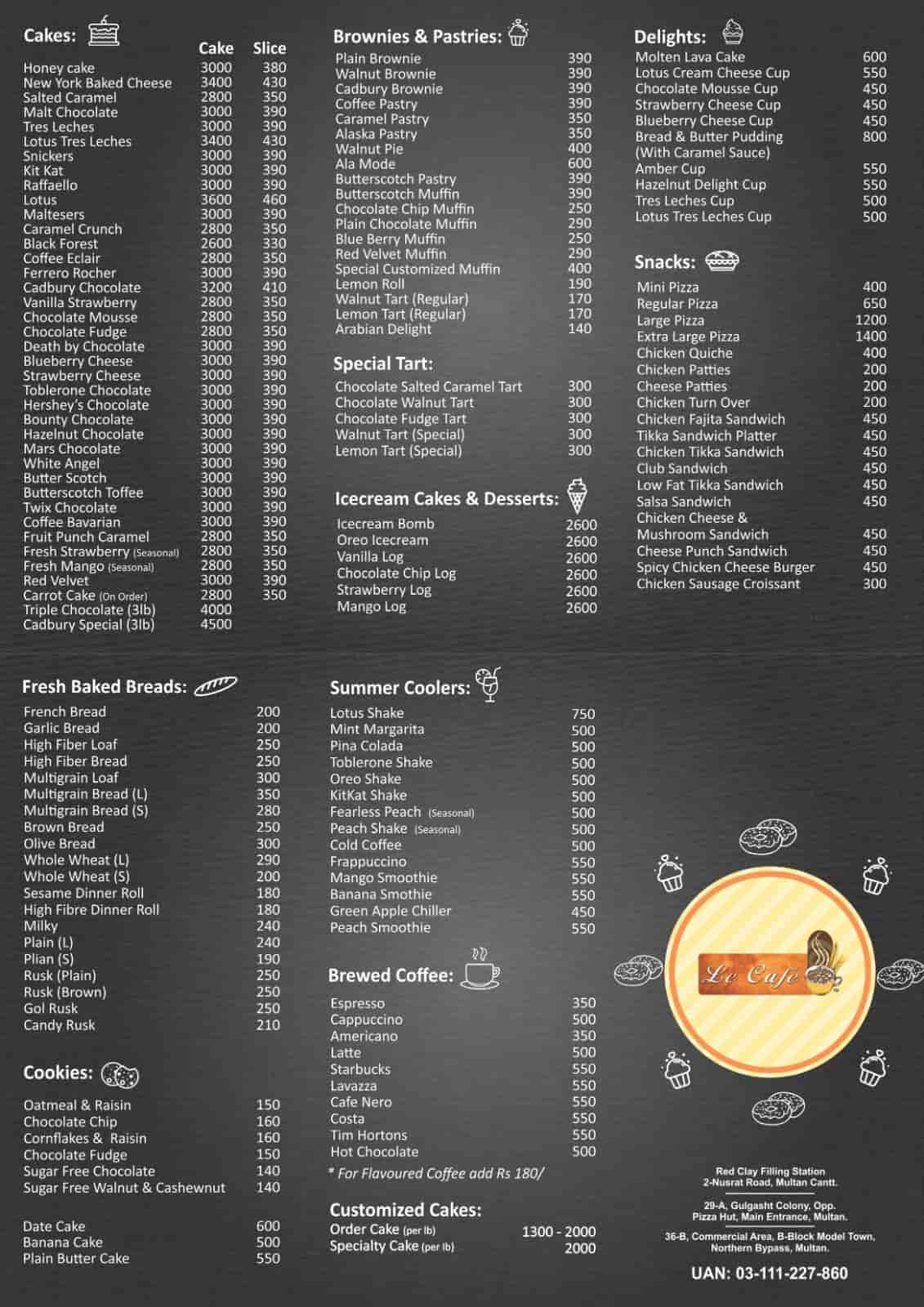Le Cafe Multan Menu | Cakes, Pastries, Snacks, and More!